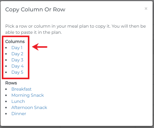 How to copy and paste rows and columns in meal plans